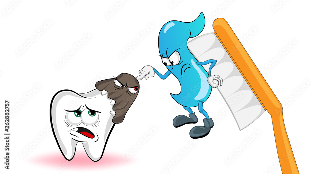 Cartoon characters. The microbe attacks the tooth, and in this moment ...