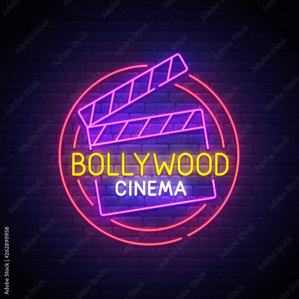 Bollywood neon sign, bright signboard, light banner. Bollywood logo ...