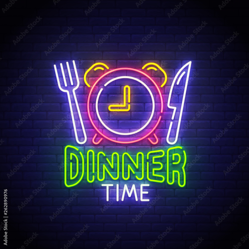 Dinner Time neon sign, bright signboard, light banner. Dinner logo neon ...