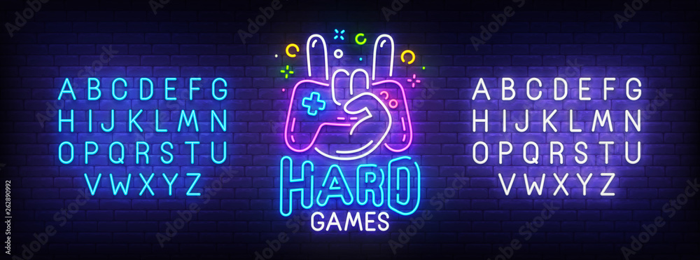 Hard Game neon sign, bright signboard, light banner. Game logo, emblem ...