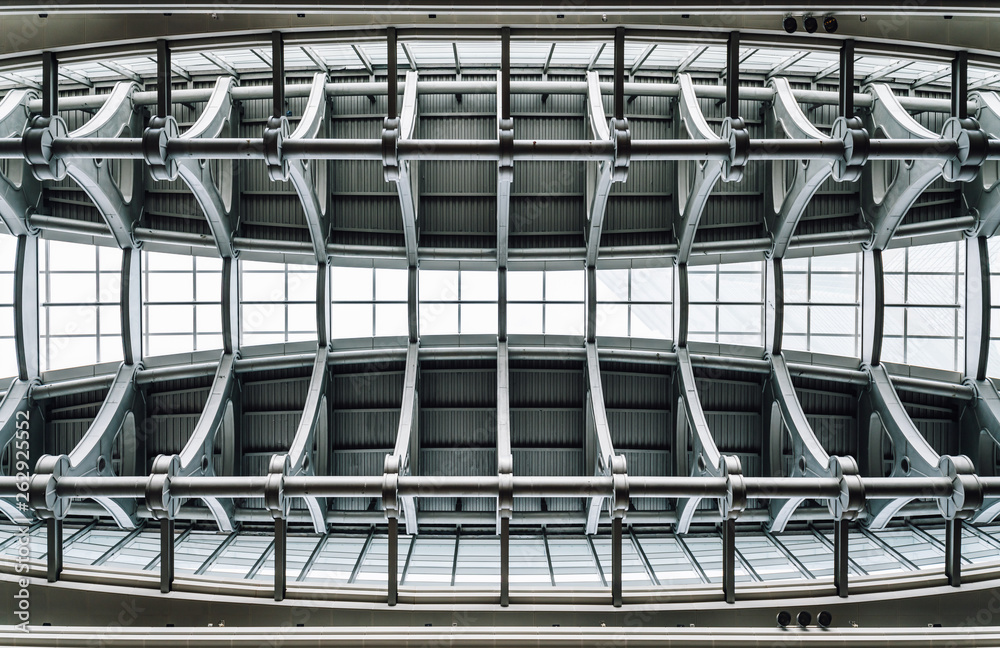 Beam super structure ceiling with window glass inside skyscraper in ...