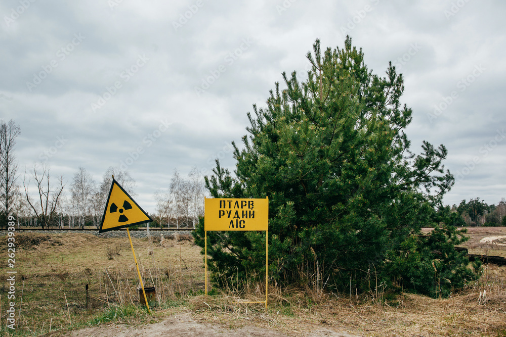 Radiation sign on a graveyard in abandoned Pripyat city in Chernobyl ...