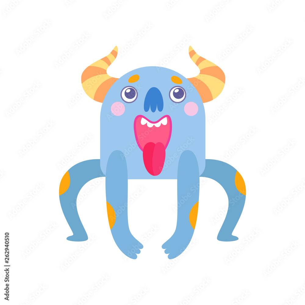 Cute Horned Monster with Open Mouth and Sticking Out Tongue, Funny ...