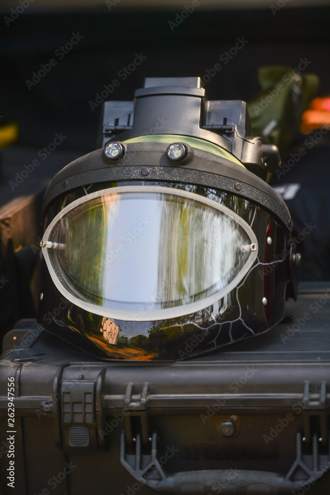 EOD helmet of The explosive ordnance disposal suit put on the tool box ...