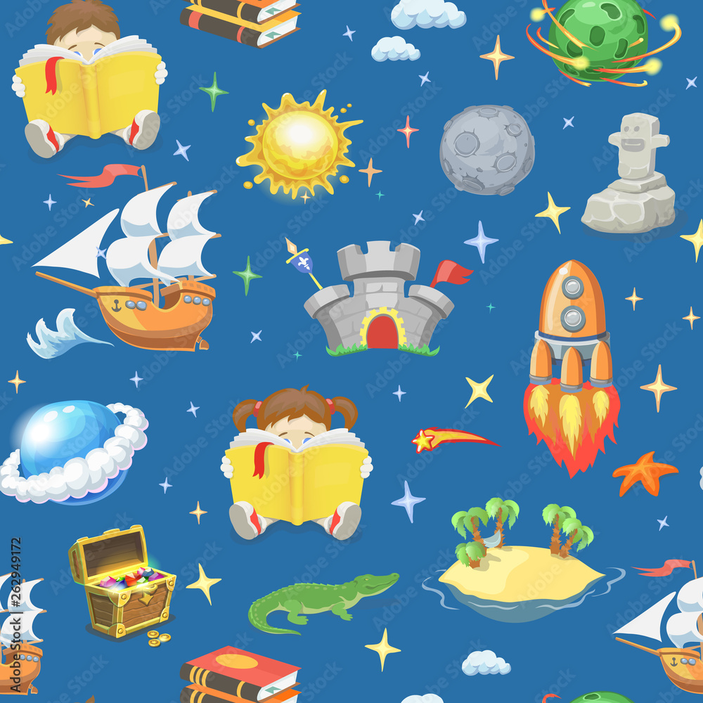 Reading book, imagination background with stars, sailing ship, desert ...