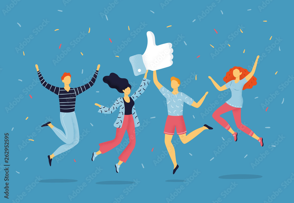 Happy jumping team members. Flat design. Cartoon style men and women ...