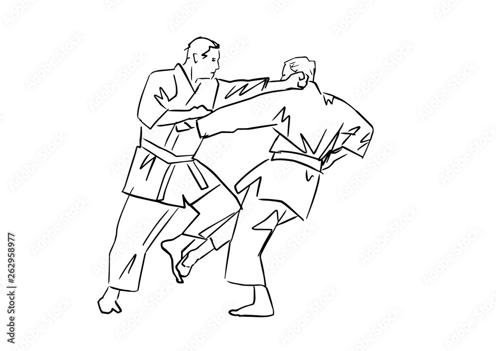 Martial arts. Black contour. Adult male athletes in kimono. Karate or ...