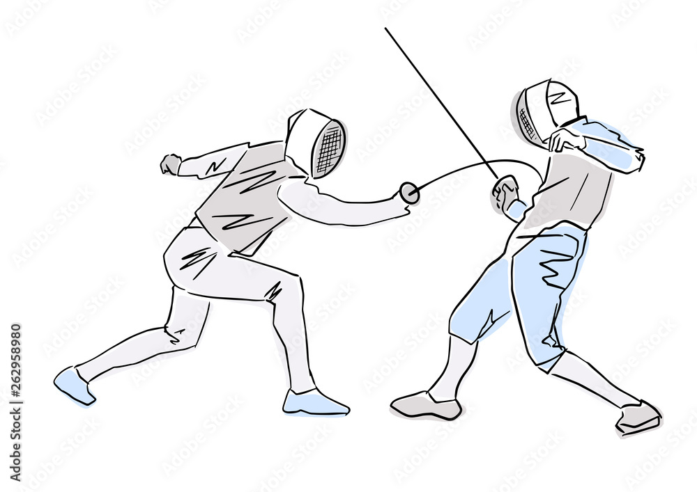 Fencer attacks the opponent. Colorful drawing. Fencer at tournament ...