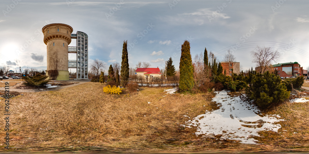 3D spherical panorama of landscape with snow, pines, water tower with ...