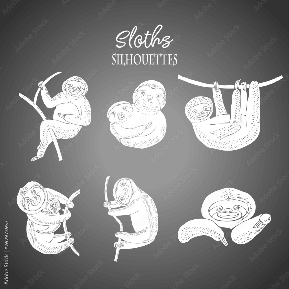 Sloths silhouettes animals sketches. Hand Drawn Background Stock Vector ...