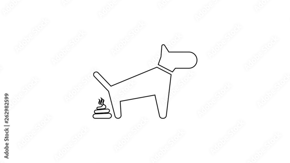 Black Dog pooping line icon on white background. Dog goes to the toilet ...