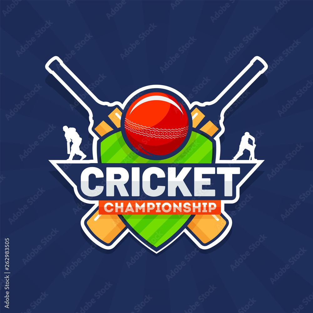 Sticker style text Cricket Championship with cricket equipments and ...
