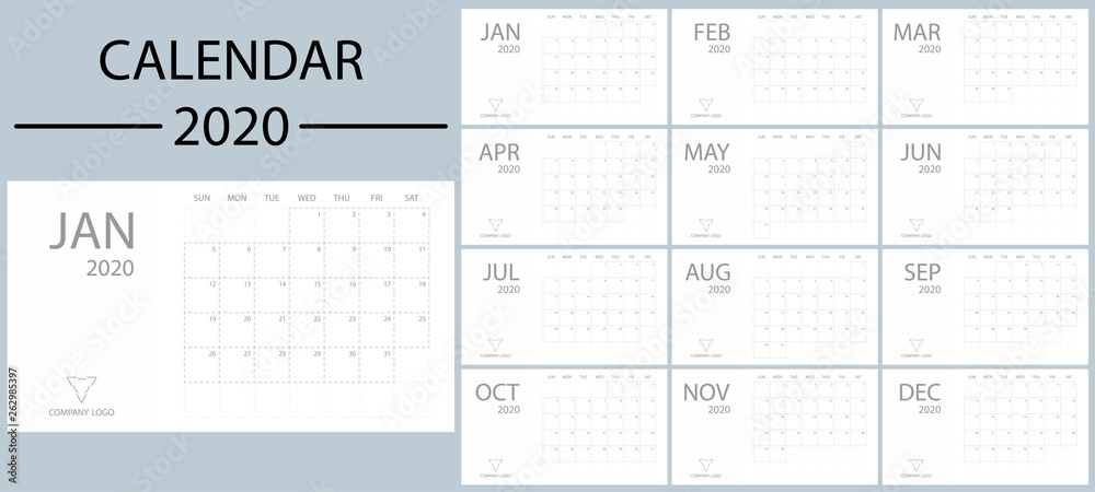 Calendar 2020 with week starts on Sunday. Minimal planner vector ...