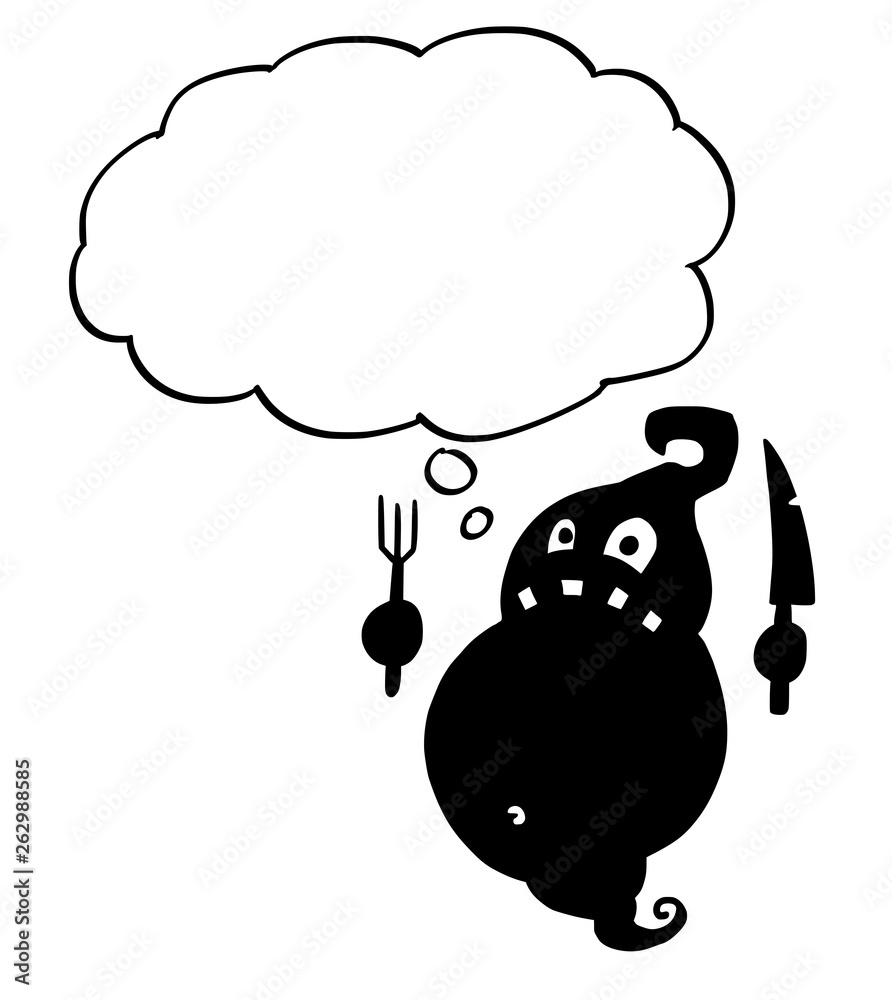 Cartoon drawing conceptual illustration of crazy fat flat black monster ...