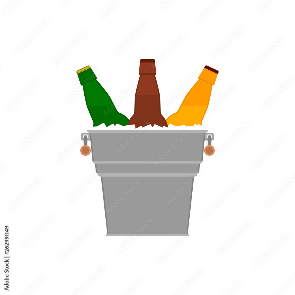 Bottles beer icon. Glass bottles filled with beer in a metal bucket ...