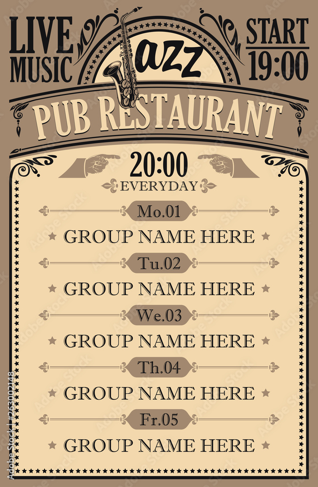 Vector poster for a pub restaurant with live jazz music. A daily ...