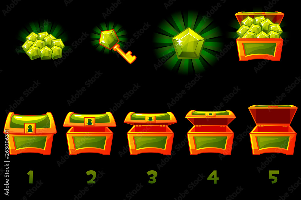 Animated treasure chest with green precious gem. Step by step, full and ...