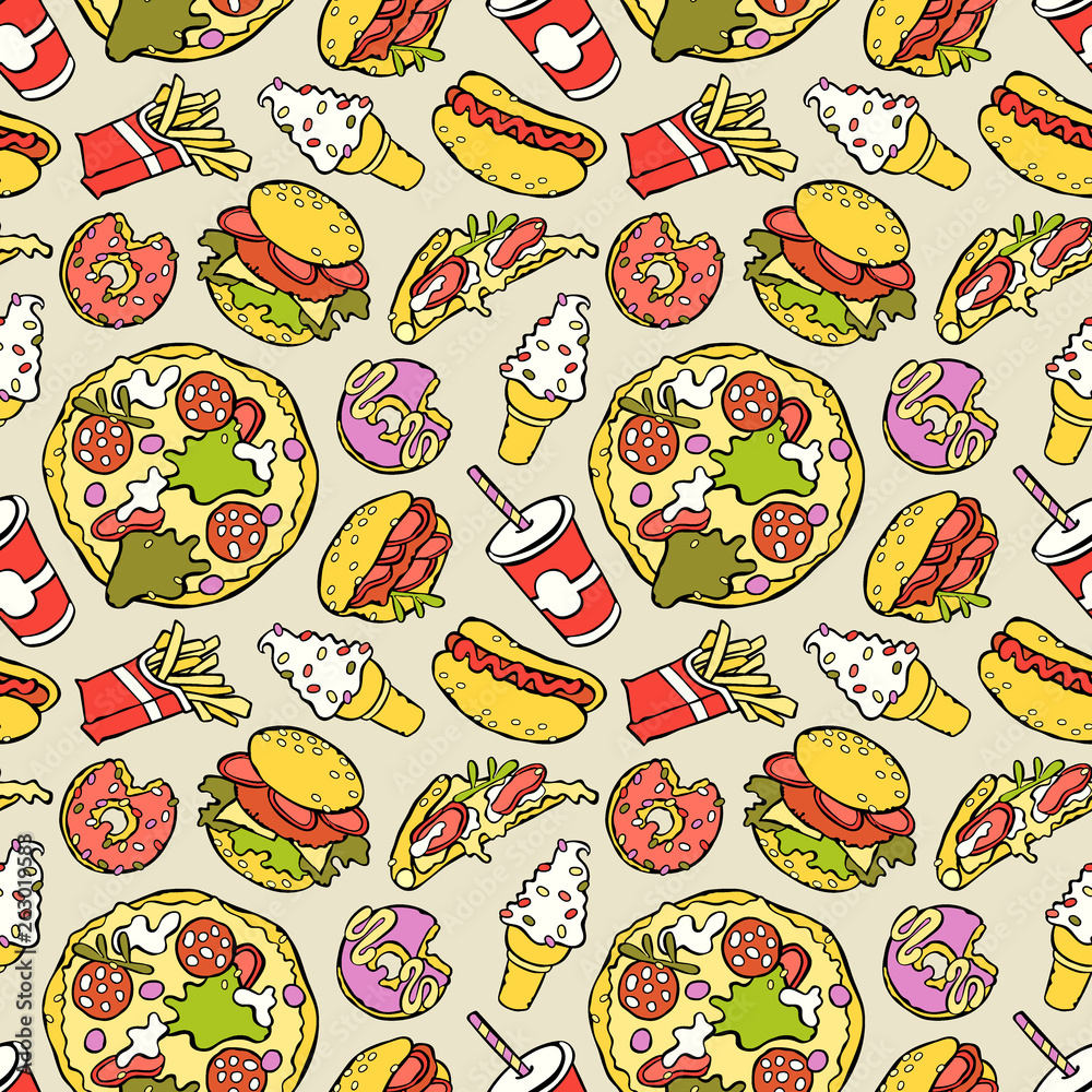 Cartoon food print. Seamless vector pattern (background). Fast food ...