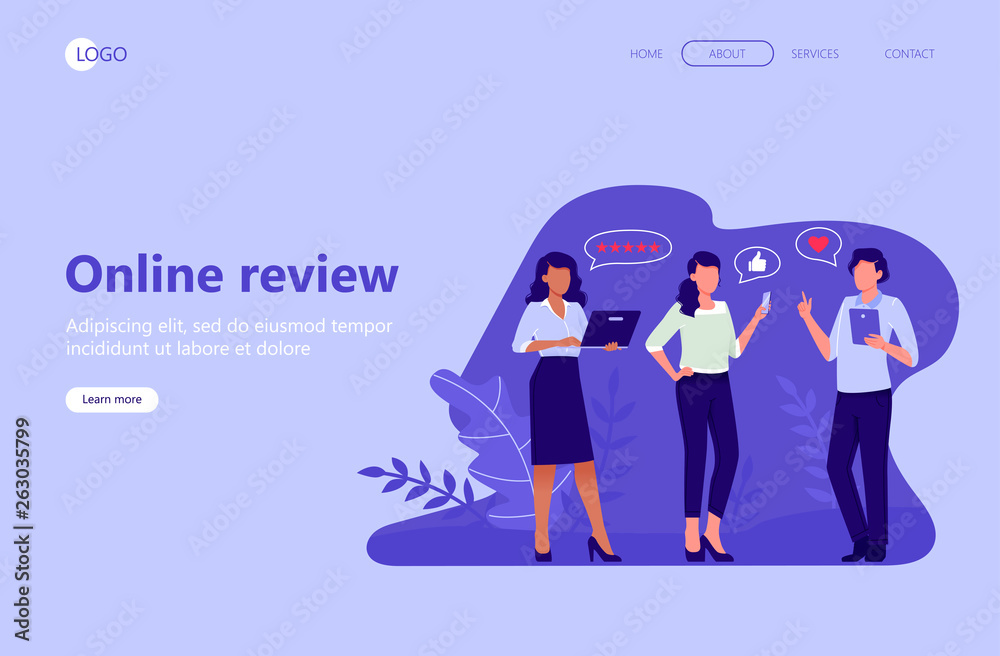 Web landing page template. Online review. People are giving stars ...