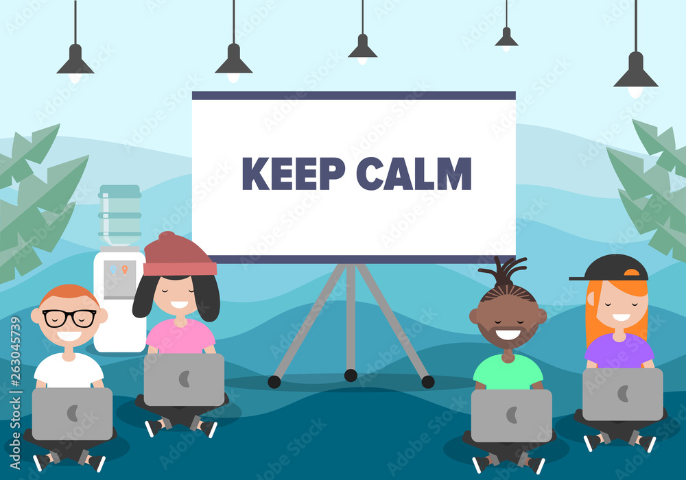Keep calm in office concept.Millennials at work.Young characters ...