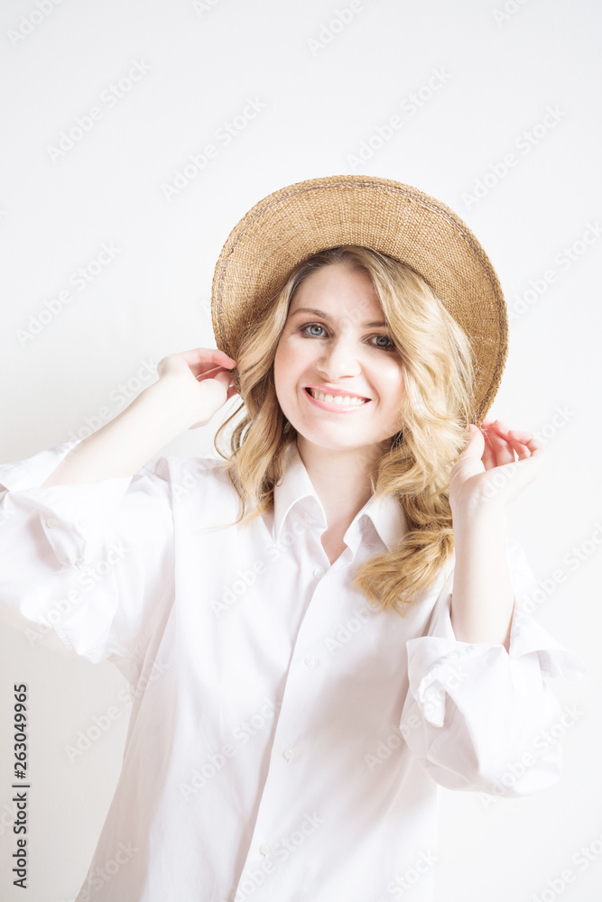 sexy Woman smaling wearing cowboy hat on white background 스톡 사진 | Adobe ...