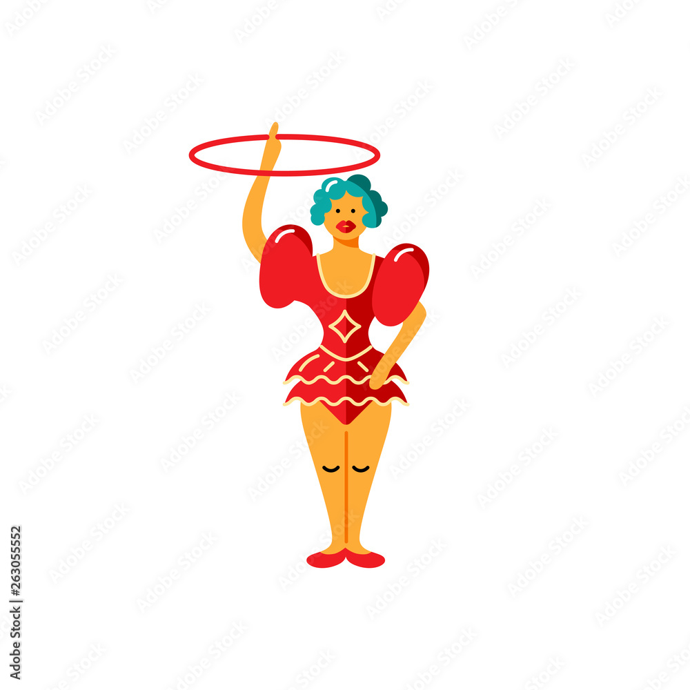 Girl is twirling a hoop. Circus performancer vector illustration ...