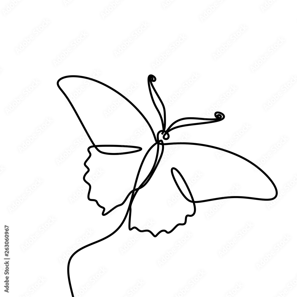 Butterfly one continuous line drawing element isolated on white ...