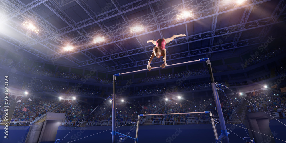 Female athlete doing a complicated exciting trick on horizontal ...