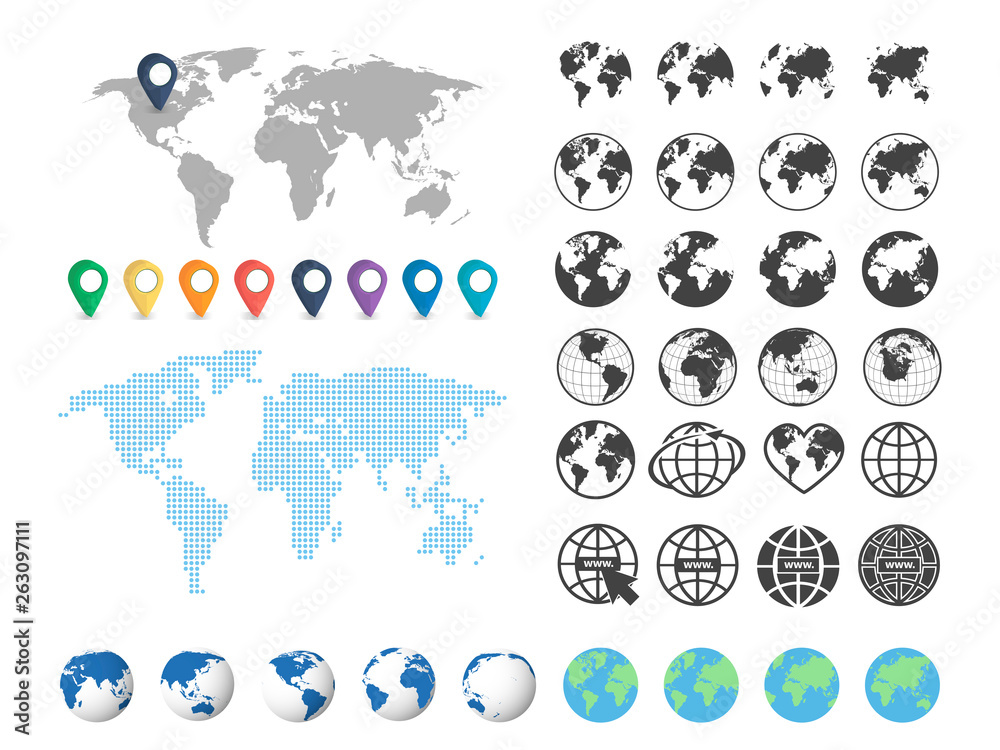 Fototapeta mapa świata dla dzieci Set of globe and world map. Big set ... Fototapeta mapa świata dla dzieci Set of globe and world map. Big set ...
