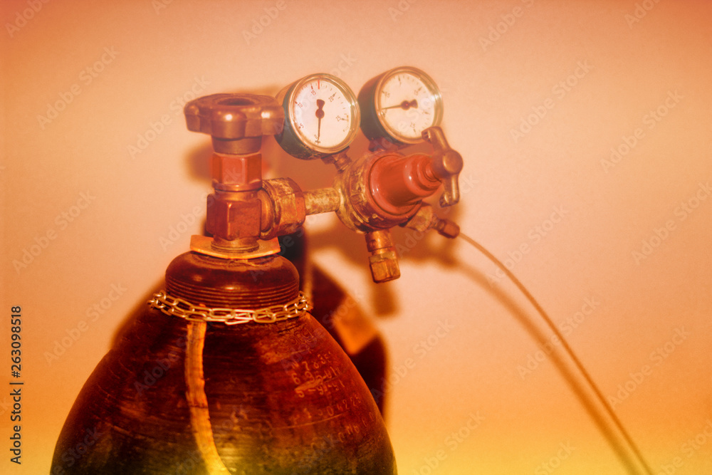 Risk of explosion of gas cylinder. Red color of the threat of lack of ...