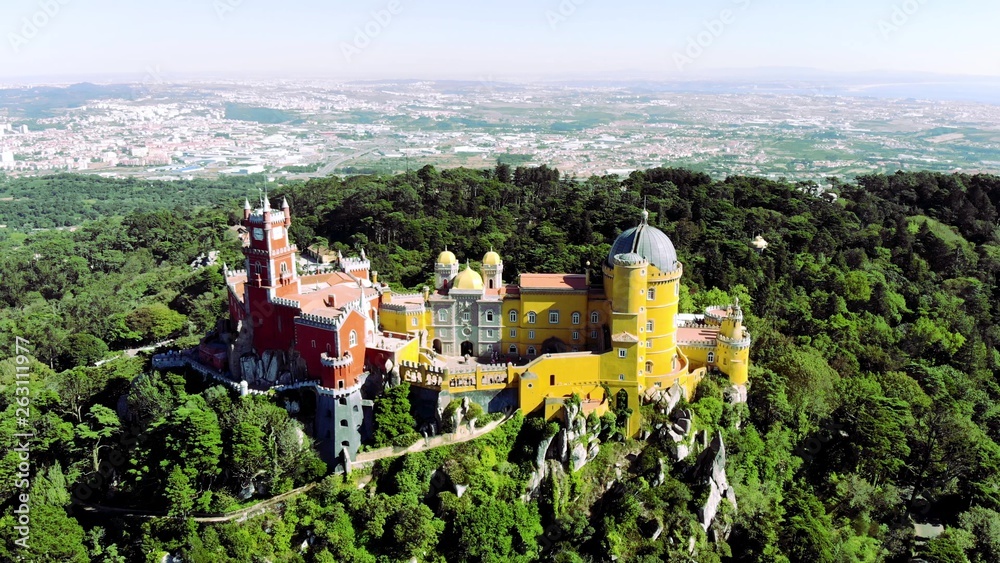 Aerial view of the beautiful Pena Palace (Palacio da Pena) in Sintra ...