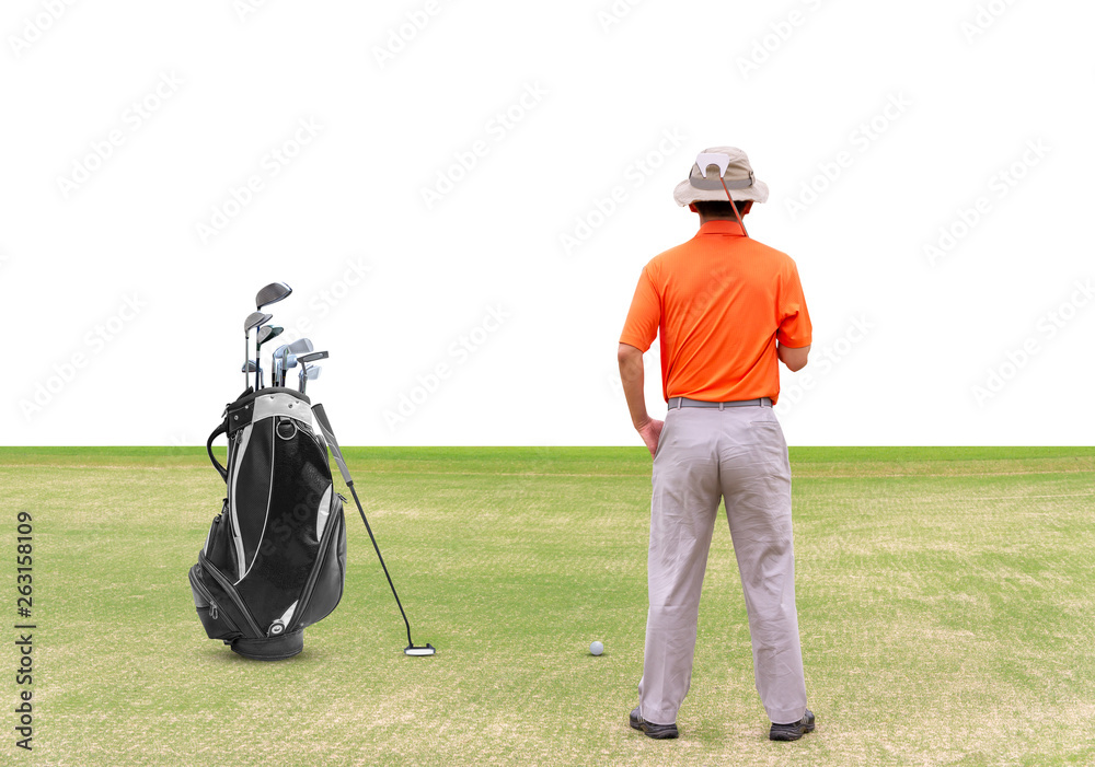 Asian golfer (man) 54 years old and golf bag putting golf ball on green ...