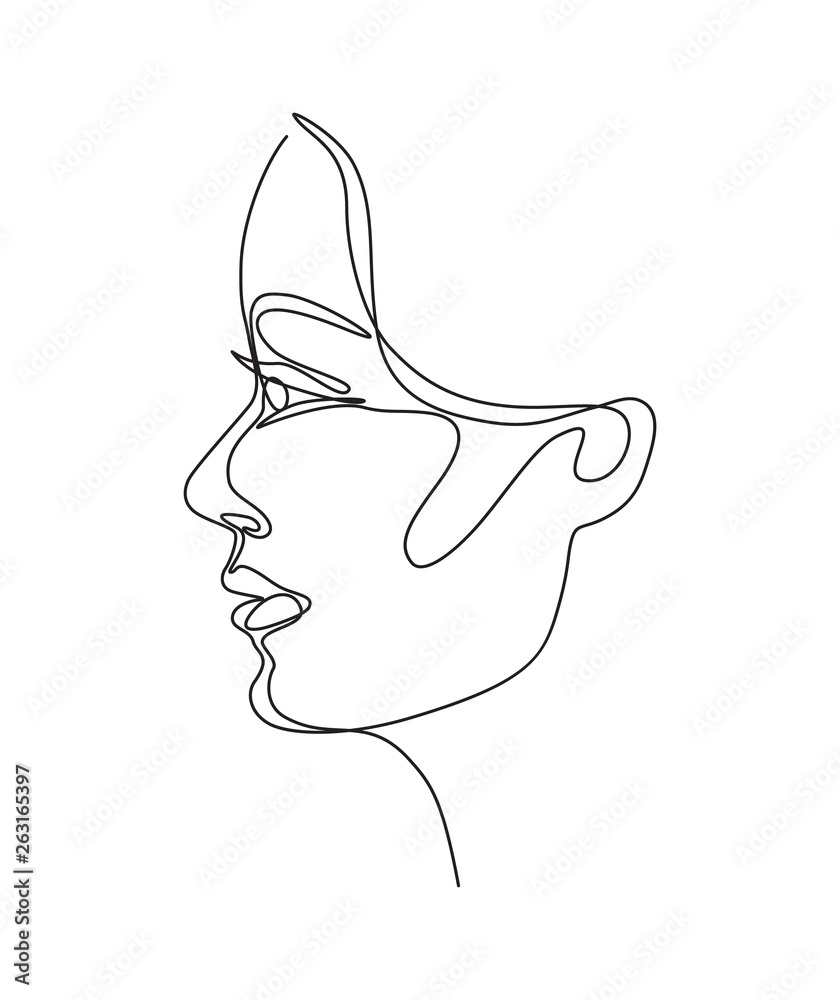 monochrome one line image of profile of a young woman with short hair ...