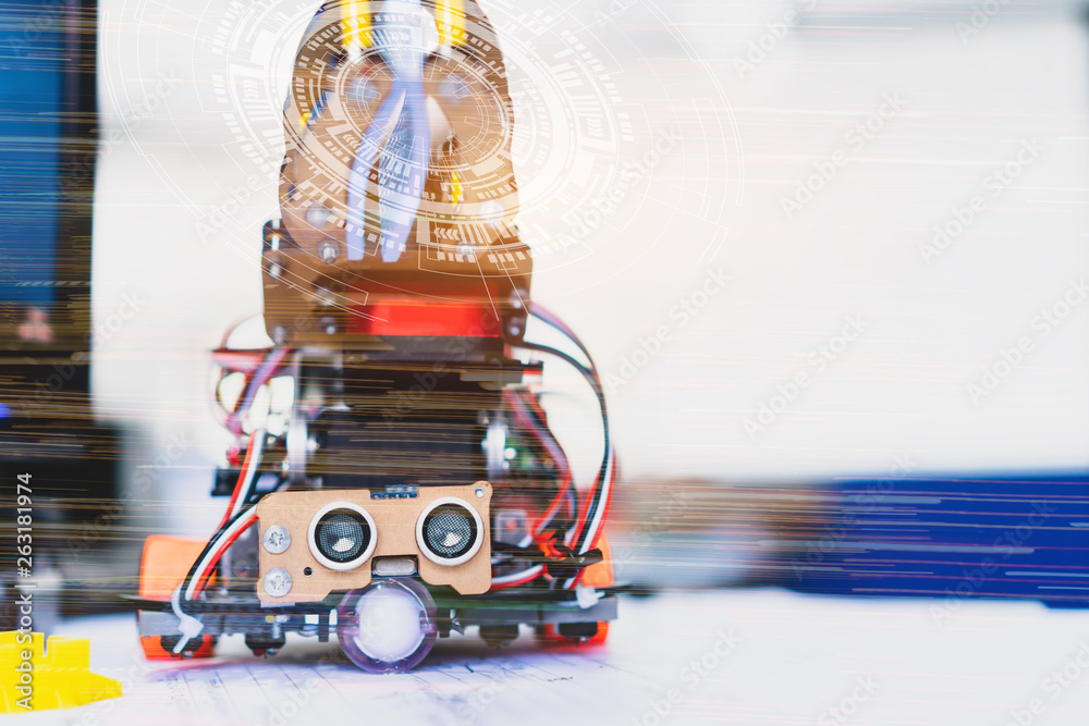 Robotics technology and STEM education class concept : Metal robot and ...