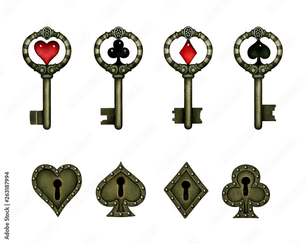 Fantasy imagination collection of four keys card suit and four keyholes ...