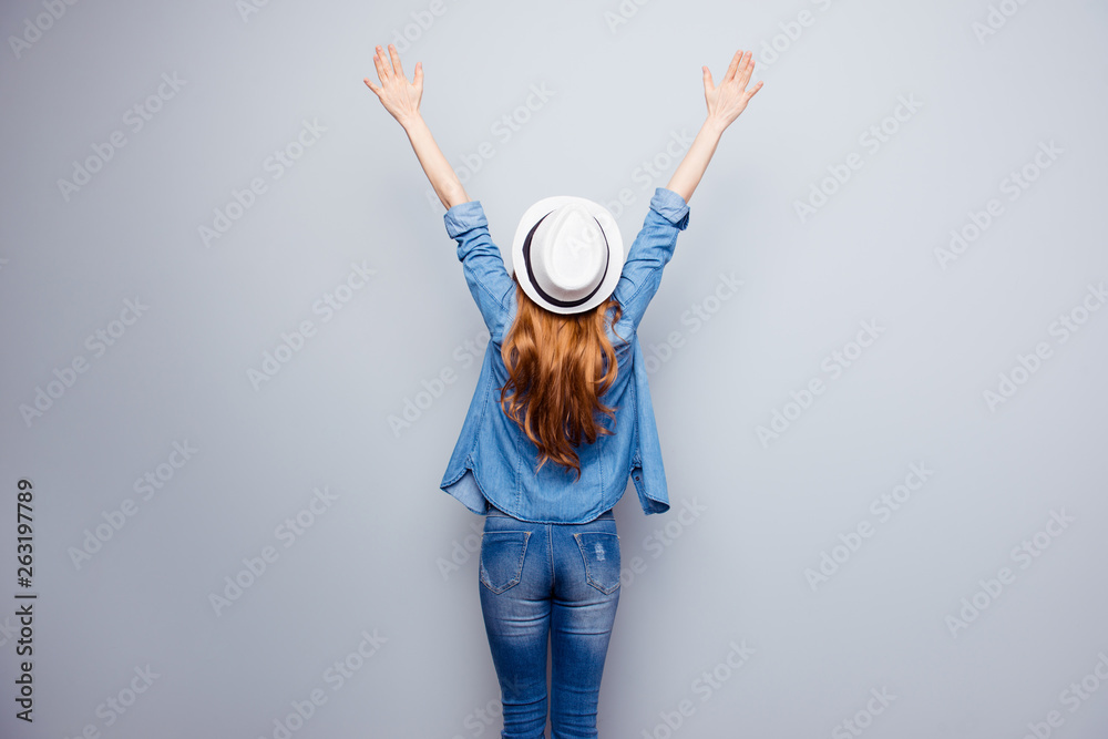 Back rear behind view photo of charming cute lady enjoy satisfied ...