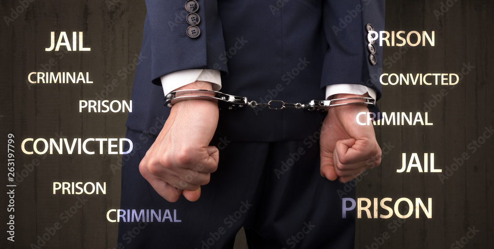 Jail convicted prison criminal labels with close handcuffed man Stock ...