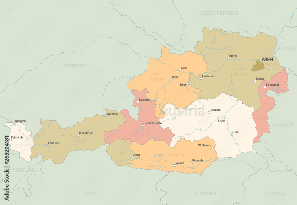 Austria colored map - highly detailed vector map with states, rivers ...