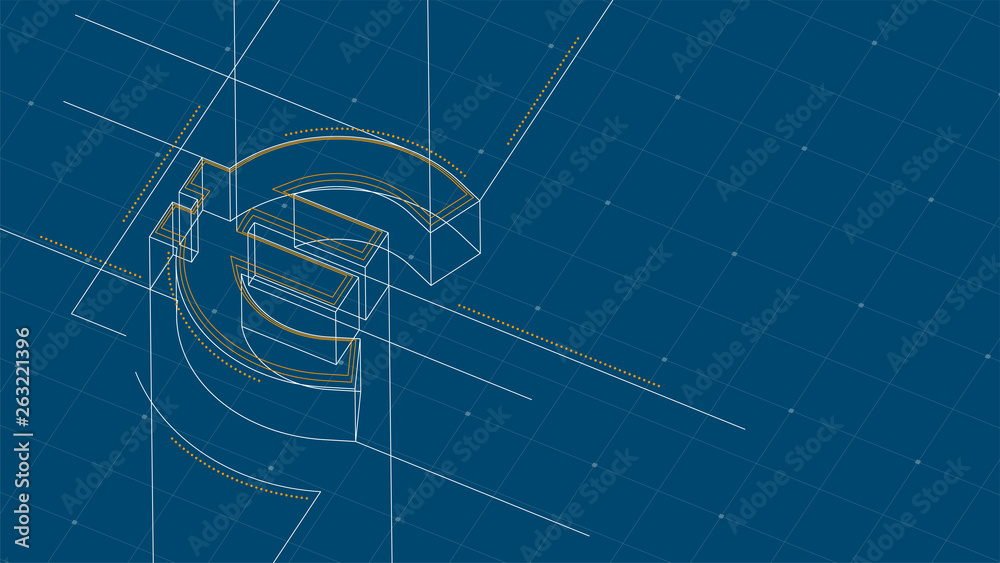 Currency EUR (European Euro) isometric symbol dot and dash line frame ...