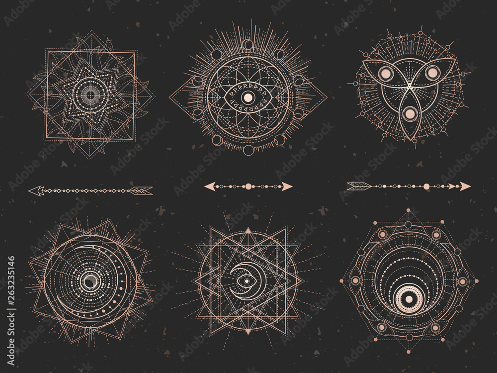 Vector set of Sacred geometric symbols and figures on black background ...