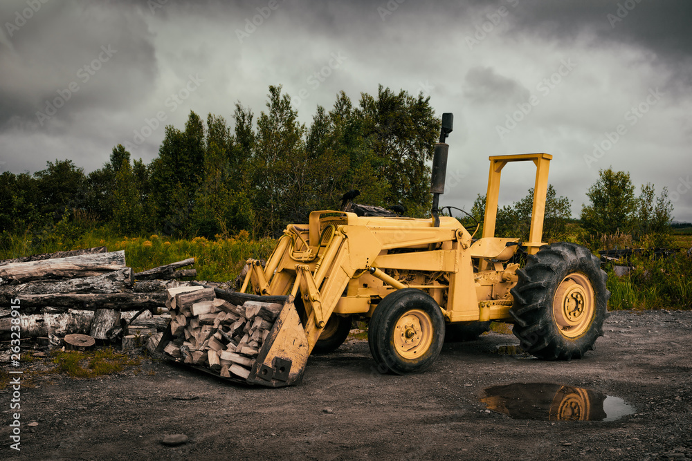 Old farm tractor with firewood in front end loader bucket. Stock Photo ...