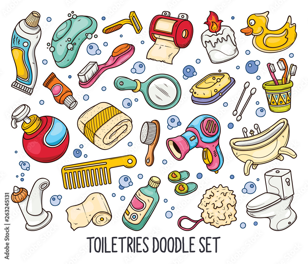 Hand drawn set of Bathroom doodles in vector in colors Stock Vector ...