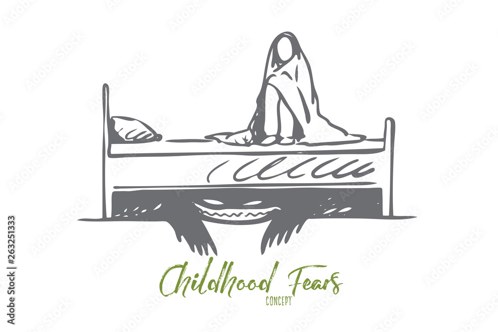 Bed, monster, child, horror, scary concept. Hand drawn isolated vector ...