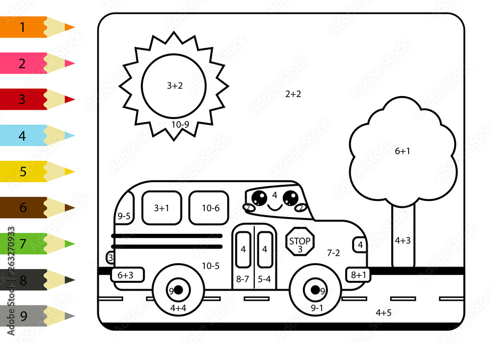 Mathematical coloring page for kids. Kawaii happy school bus. Worksheet ...