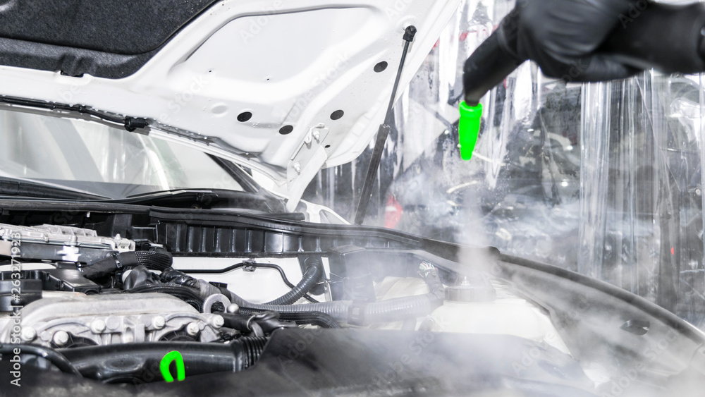 Car detailing. Washing and cleaning engine. Cleaning car engine using ...