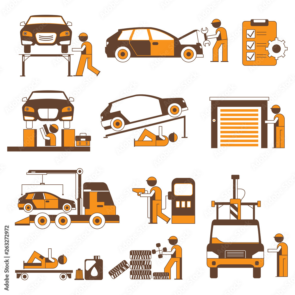 mechanic man repair car set, auto service man icons, orange color theme ...