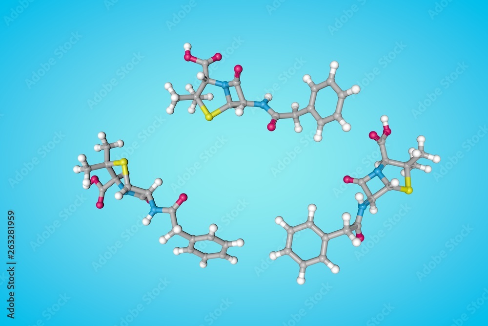 Molecular structure of penicillin. Atoms are represented as spheres ...