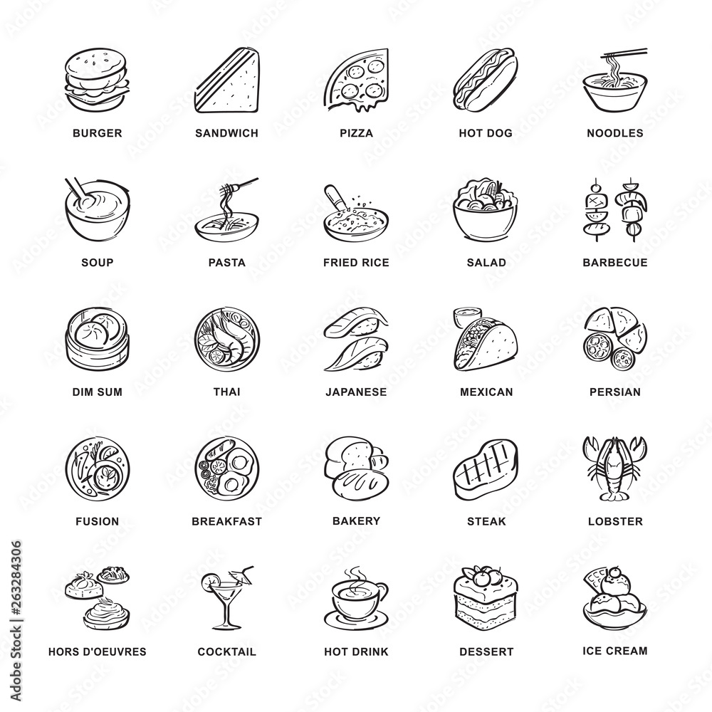 Restaurant, Food icons, line, Sketch, Vector and Illustration Stock ...