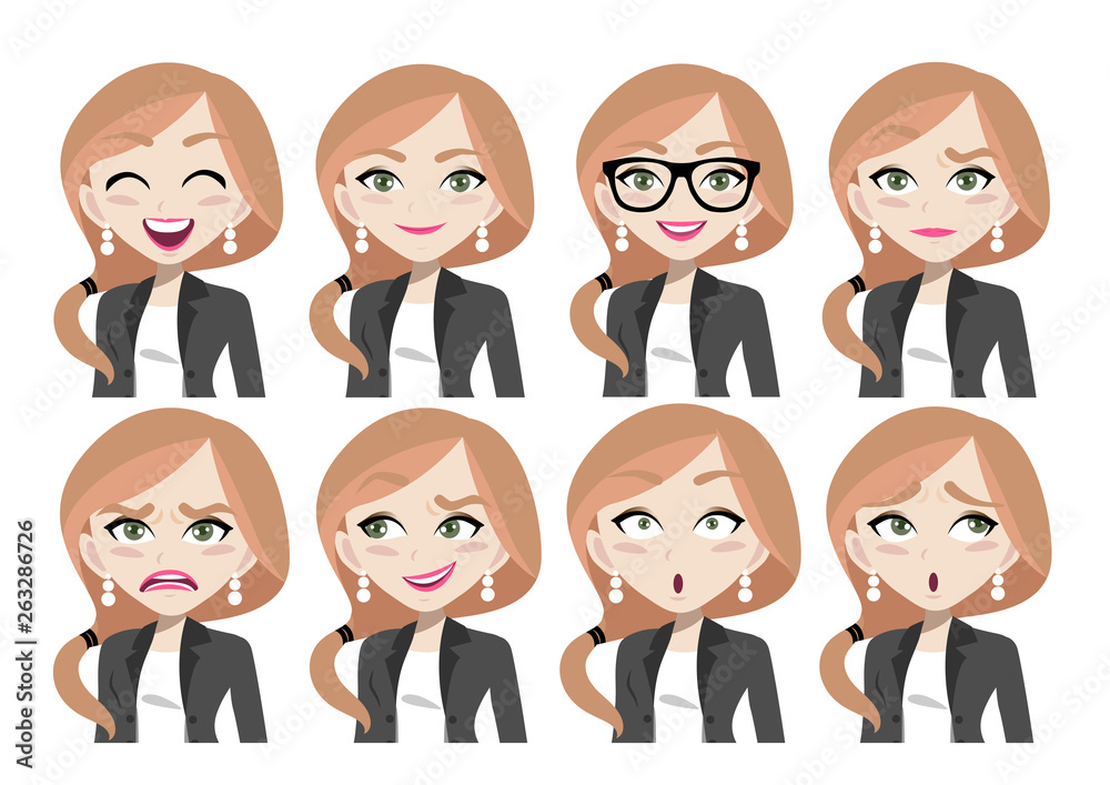 Face expressions of beautiful businesswoman. Different female emotions ...