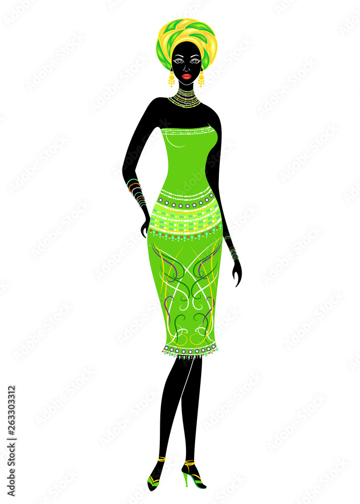 Slender beautiful African-American lady. The girl has bright clothes, a ...